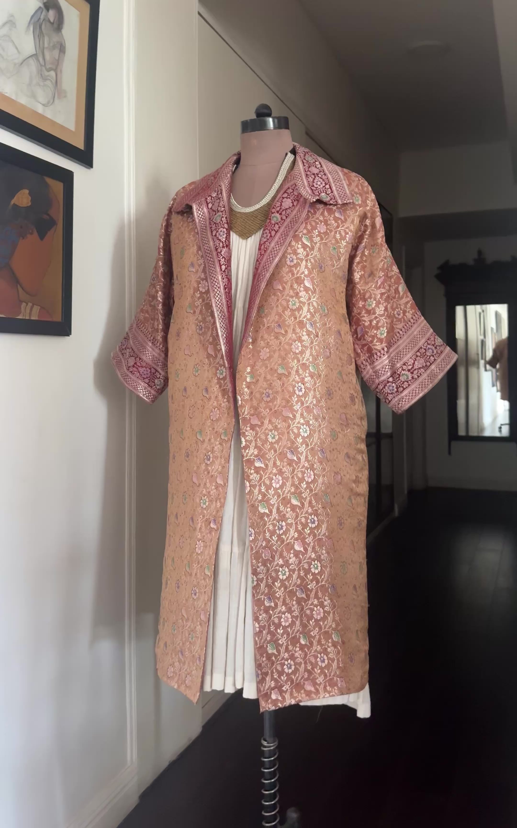 Jama 3, Long Robe Style Coat made with Vintage Zari Silk in Beige ...